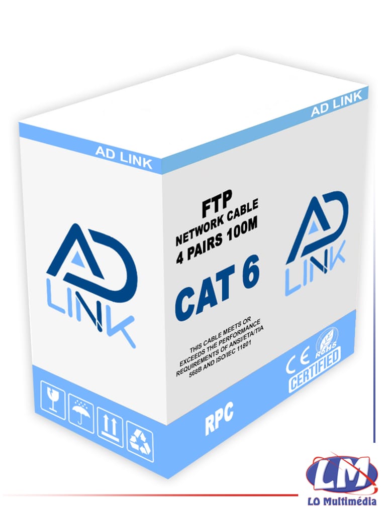 Rouleau cable réseau RJ45 Ad Link FTP Cat 6 100m - Lo-Multimedia
