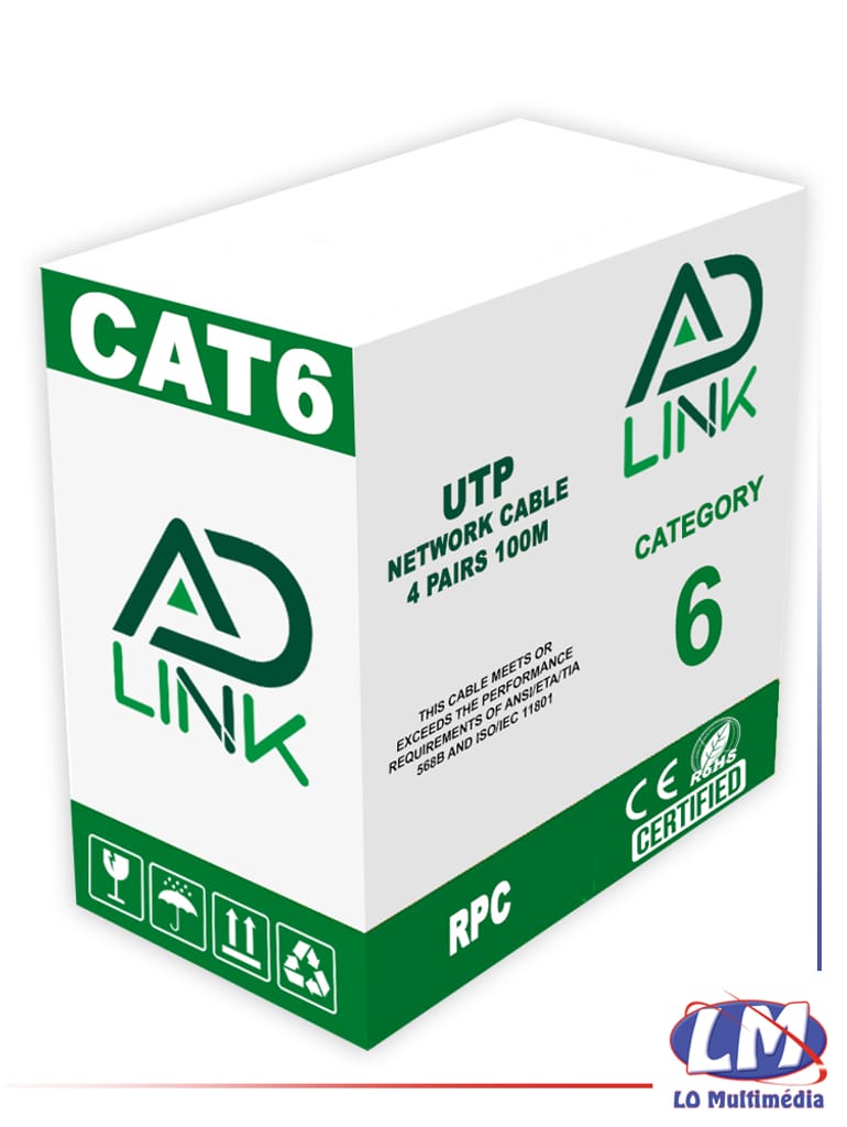 Rouleau cable réseau RJ45 Ad Link UTP Cat 6 100m - Lo-Multimedia